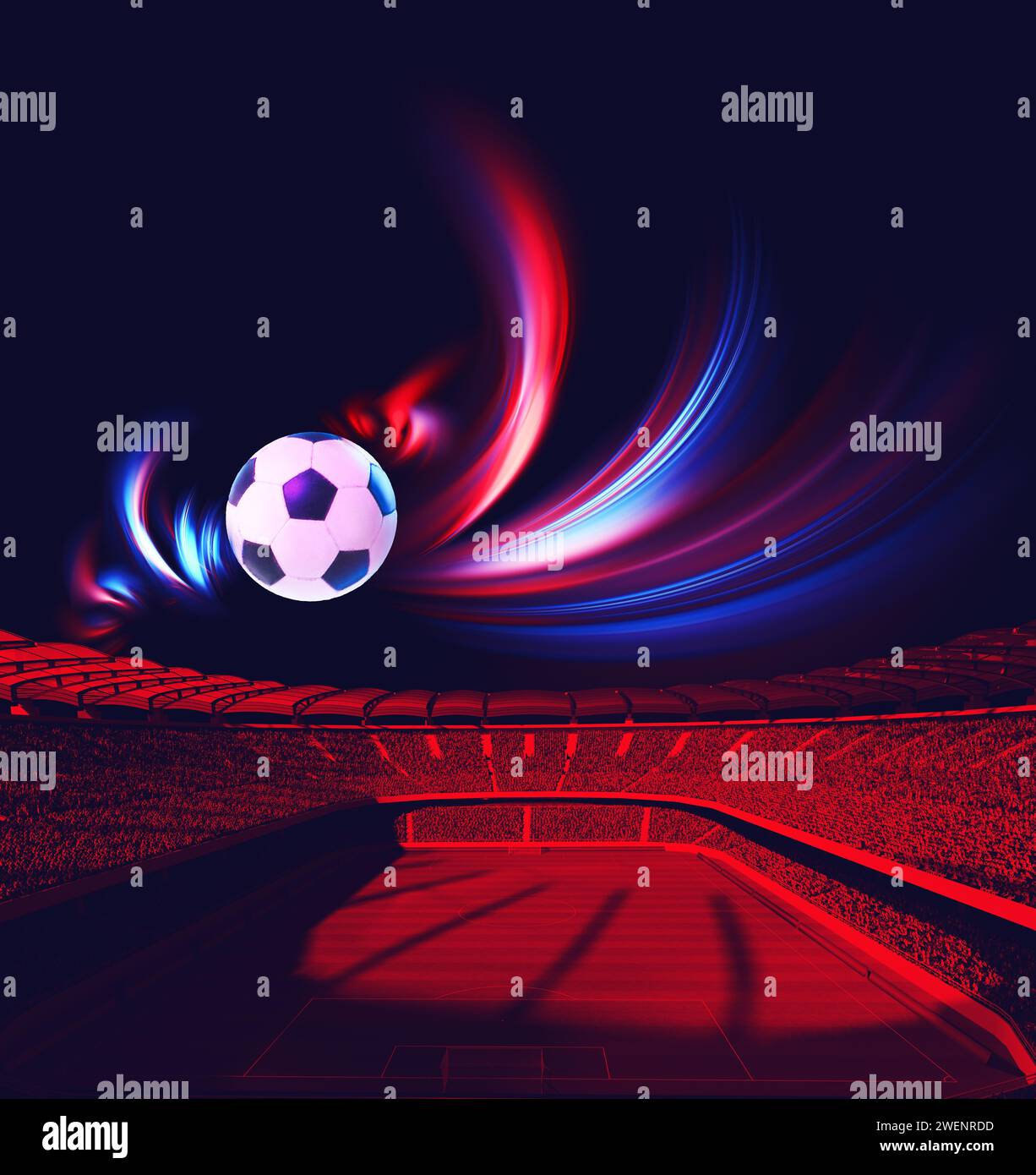 Poster. Abstract black and white soccer ball with dynamic swirls in mid ...