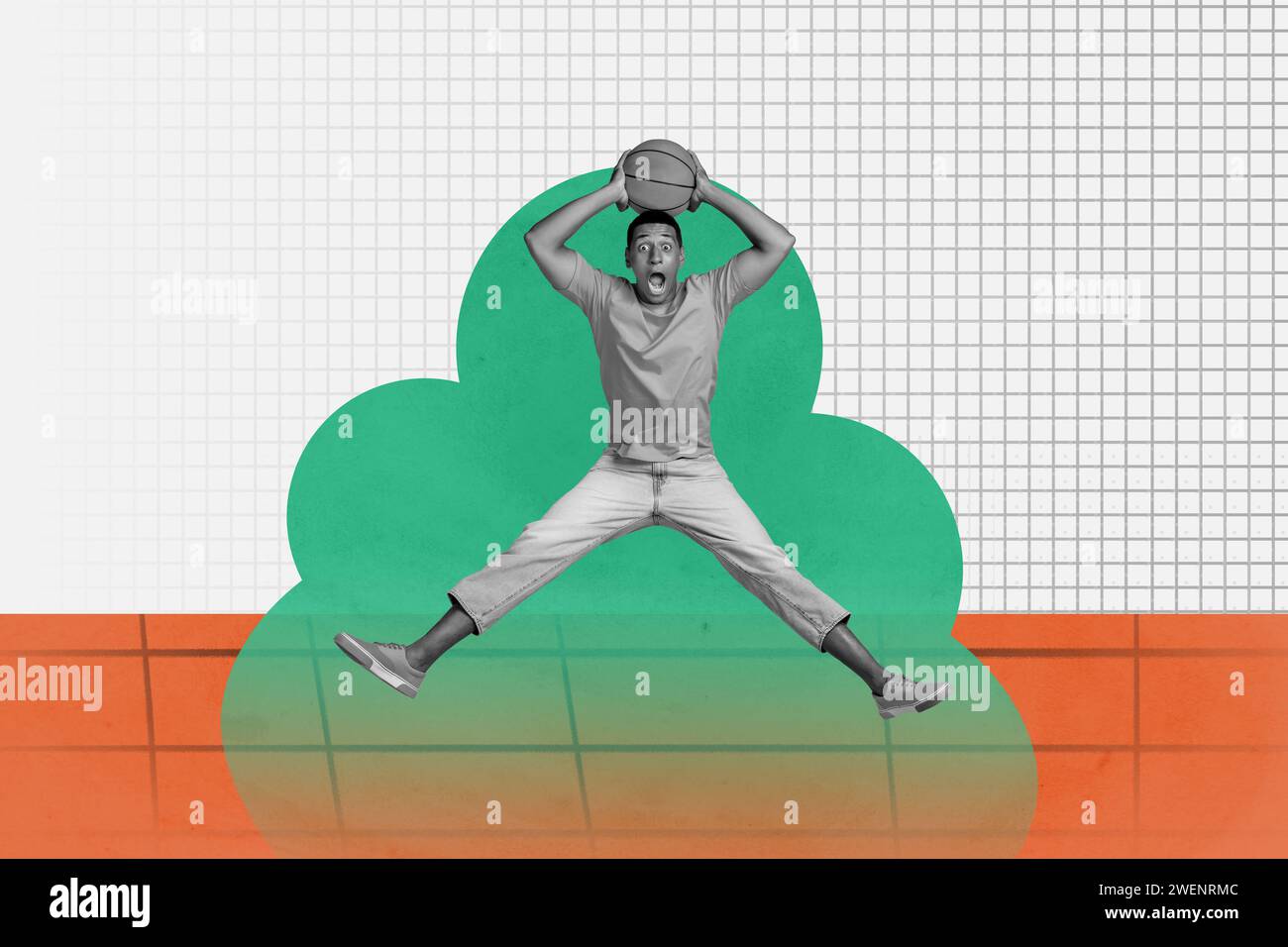 Creative trend collage of funny man jumping play basketball have fun ...