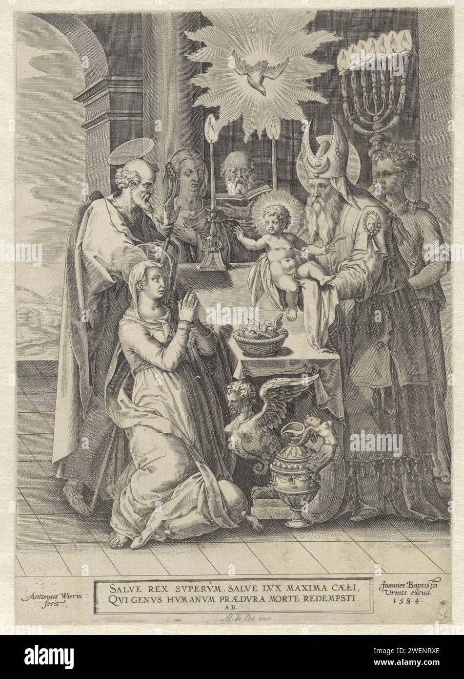 Presentation in the Temple, Antonie Wierix (II), After Maerten de Vos, 1584 print Mary and ...