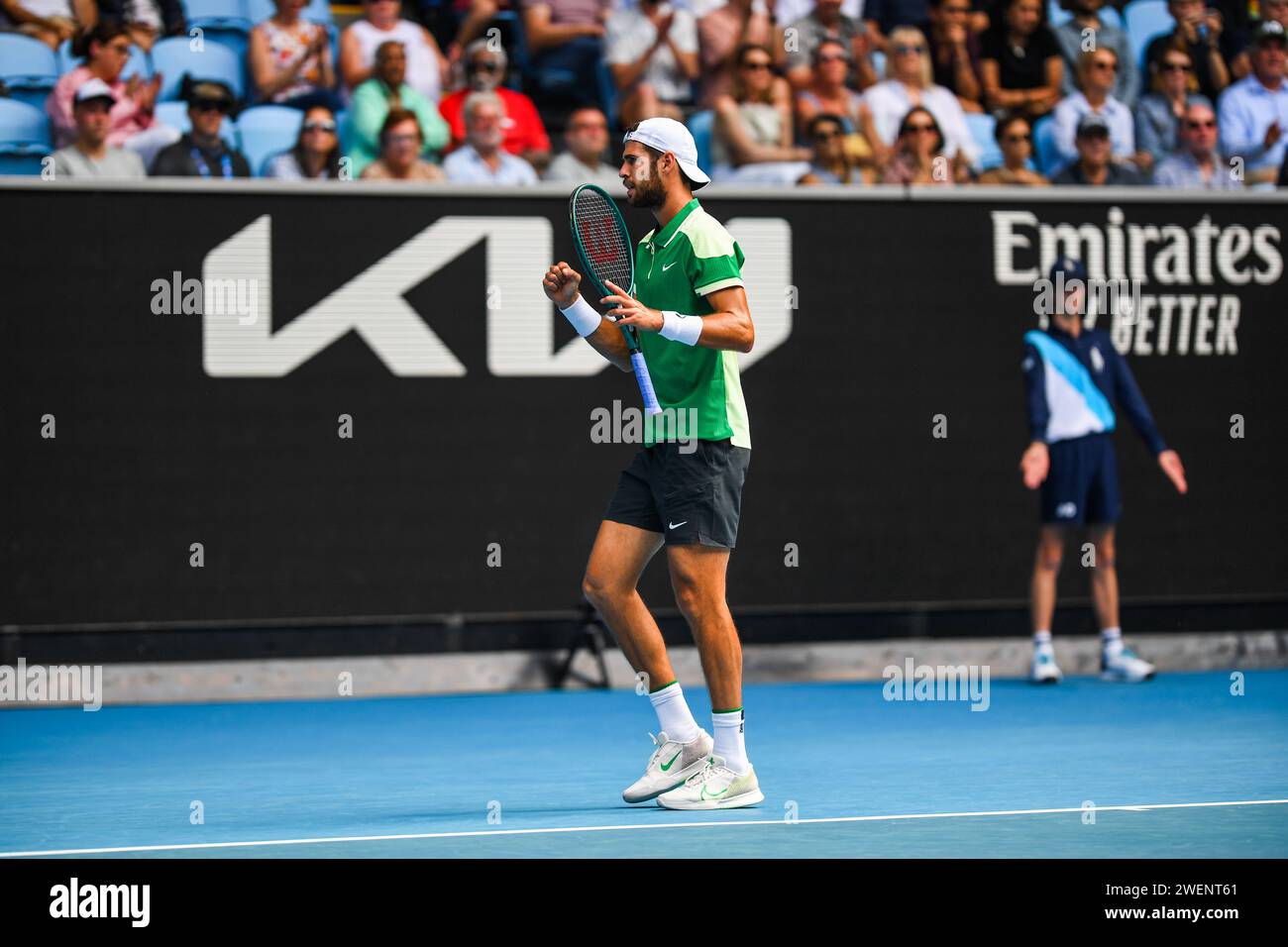 Melbourne, Australia. 21st Jan, 2024. Karen Khachanov of Russia plays against Jannik Sinner of ...