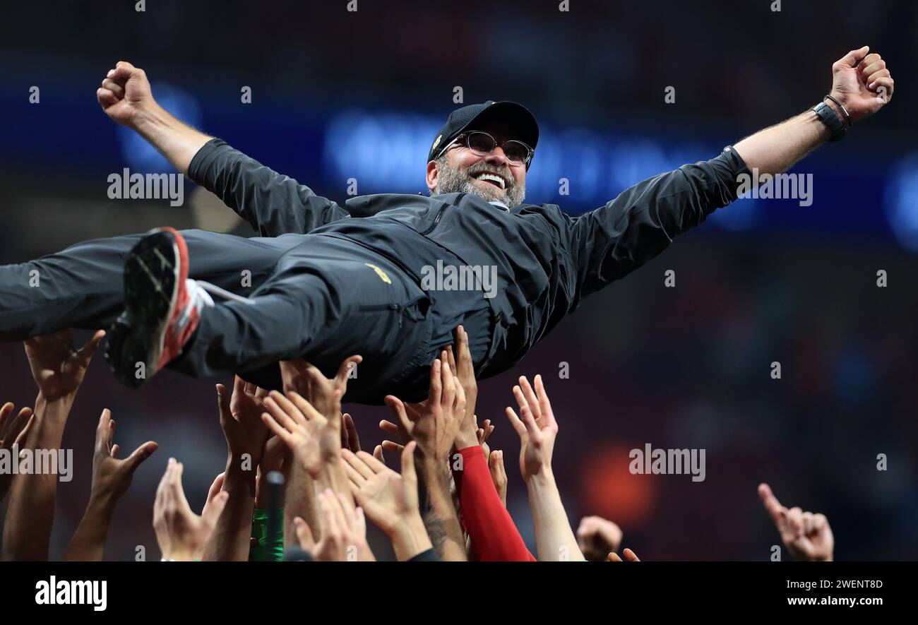 File photo dated 01/06/19. Liverpool manager Jurgen Klopp is lifted up ...