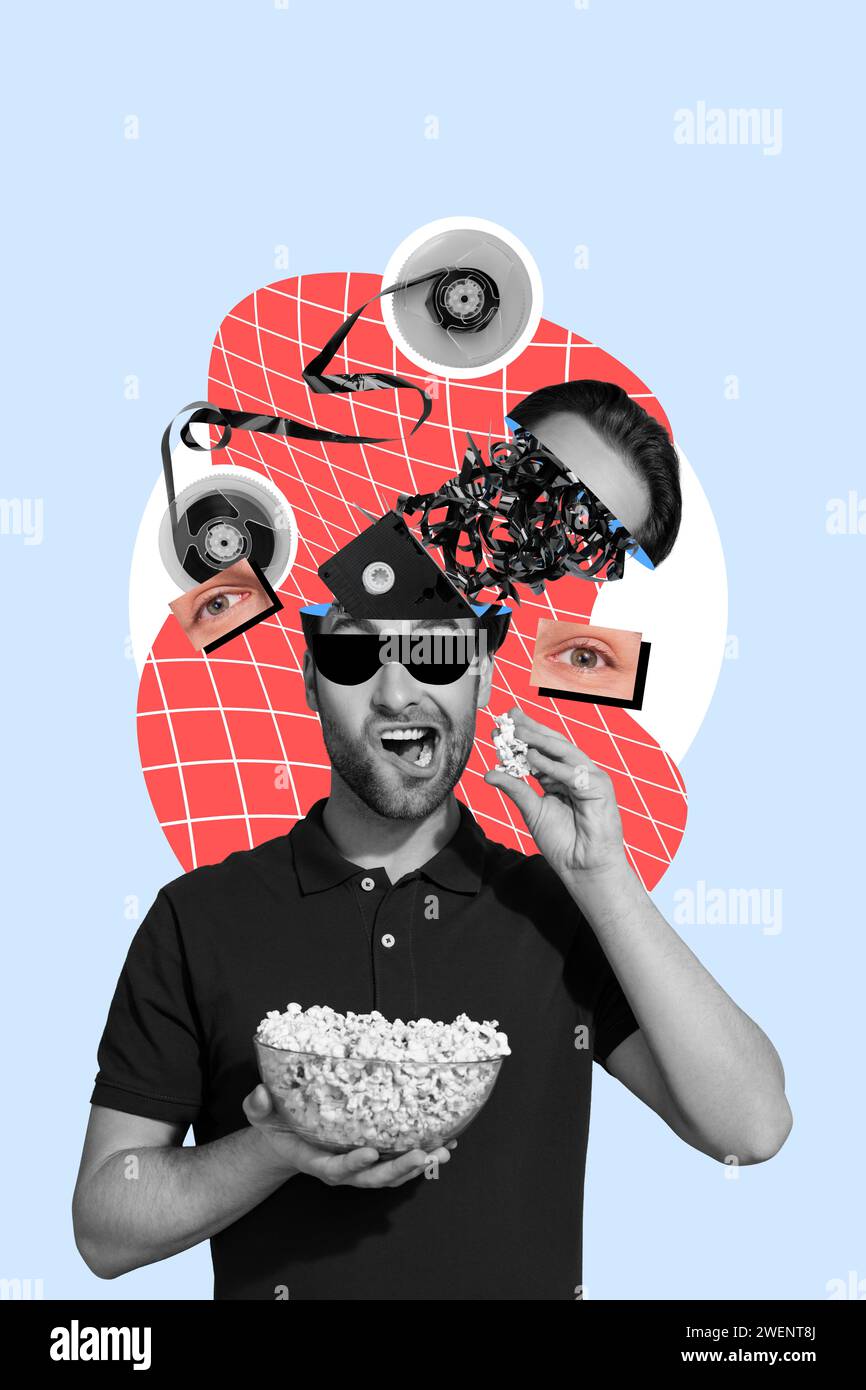 Creative collage of funny man in 3d goggles addicted watching video ...