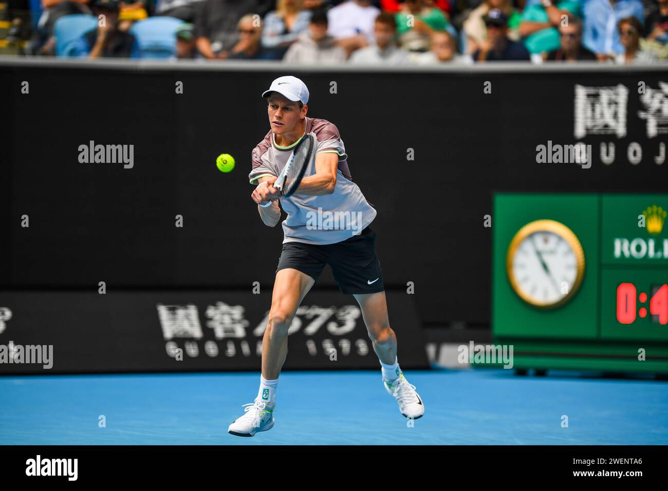 Jannik Sinner of Italy plays against Karen Khachanov of Russia (not in picture) during Round 4 ...