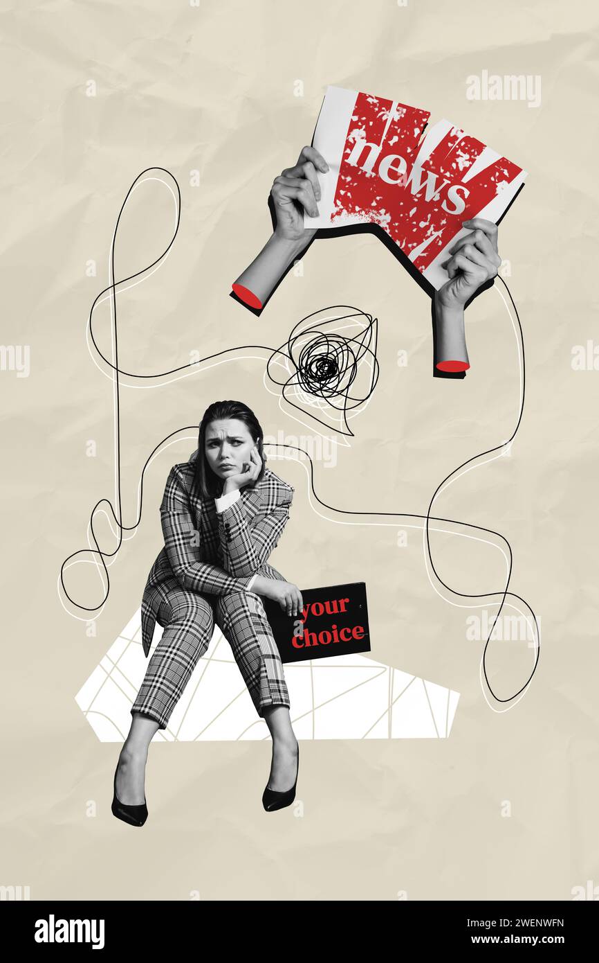 Vertical creative collage photo sitting upset young woman arms holding ...