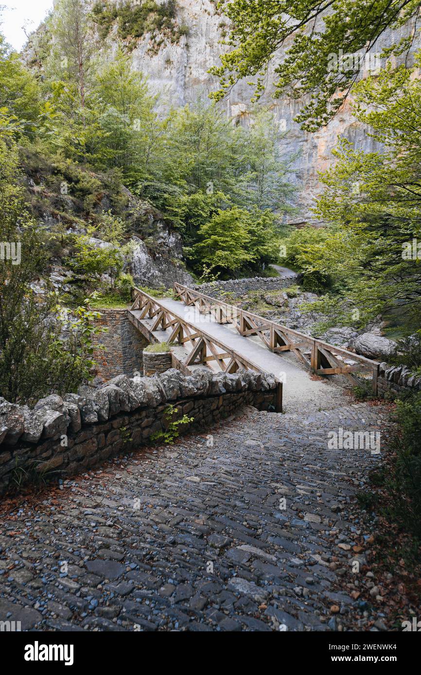 S-shaped winding road with a bridge over the Anisclo Canyon, vertical ...