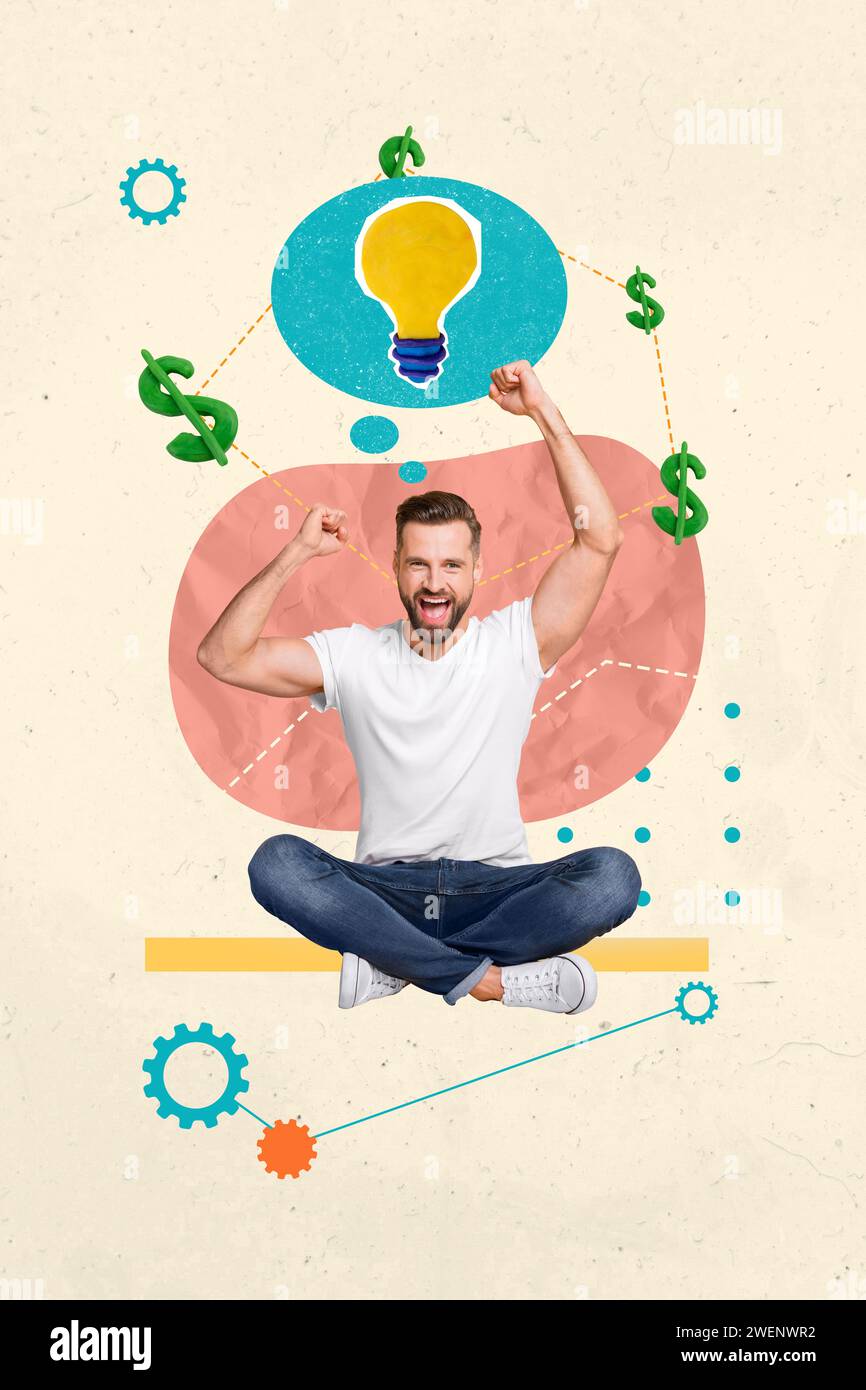 Vertical photo collage sitting young man entrepreneur celebrate victory ...
