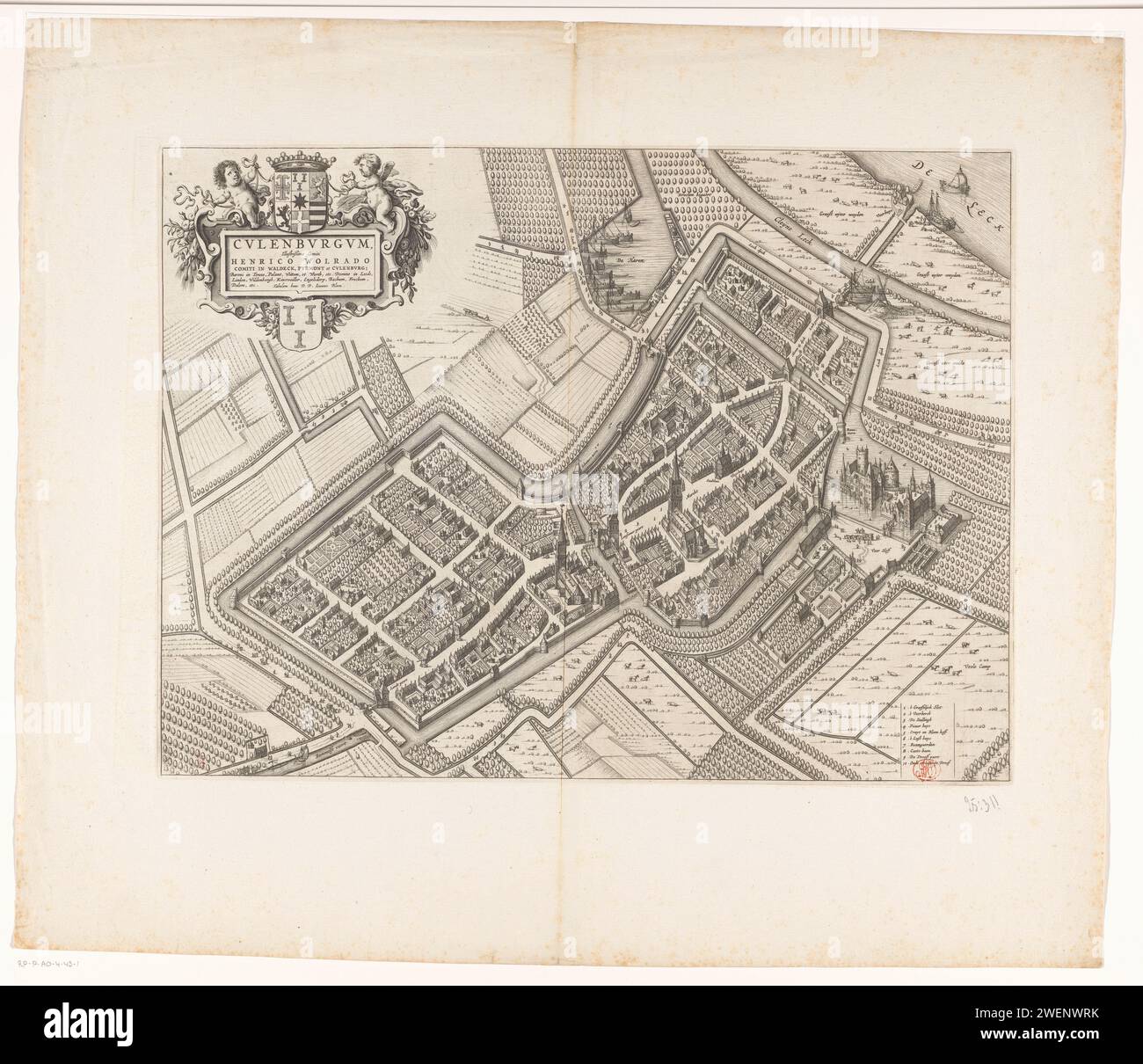 Map of Culemborg, Anonymous, 1652 print Map in a nutshell perspective. At the top left Cartouche ...