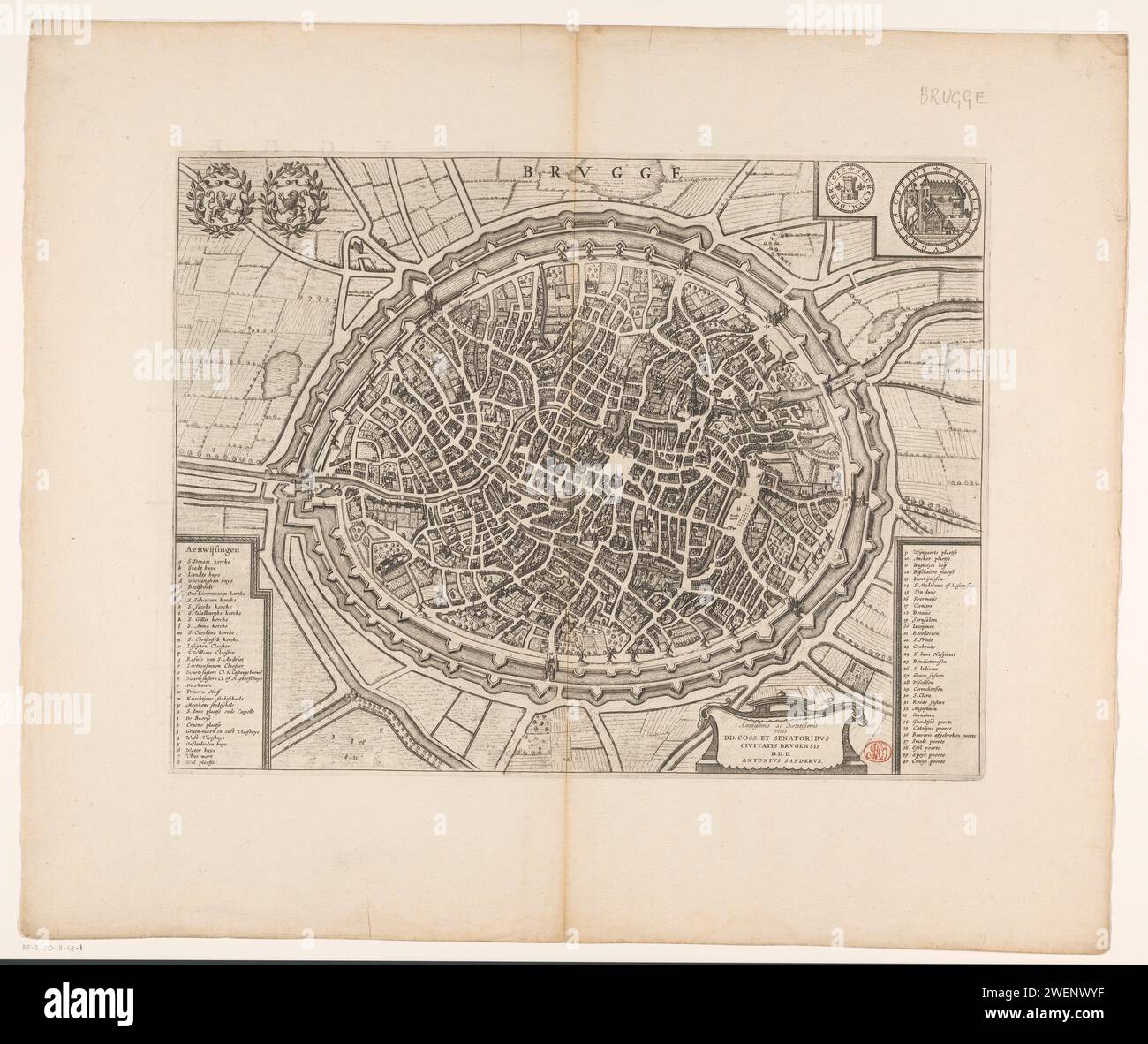 Map of Bruges, Anonymous, 1652 print Map of Bruges with buildings in a ...