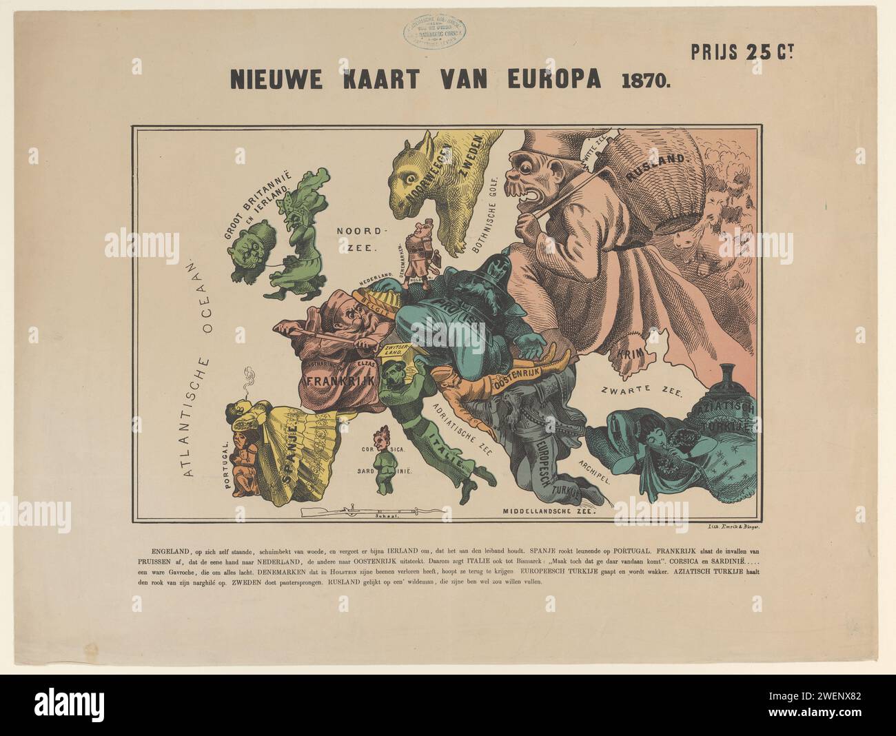 New map of Europe 1870, Emrik & Binger, 1870 print Cartoon with the map ...