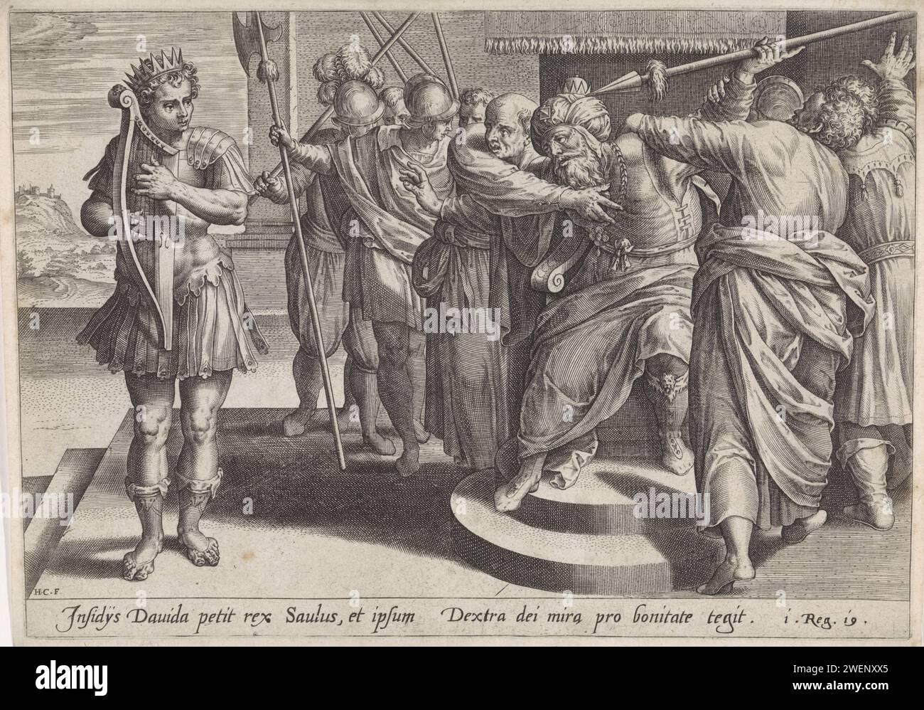Saul tries to kill David, Hans Collaert (I), after Ambrosius Francken ...