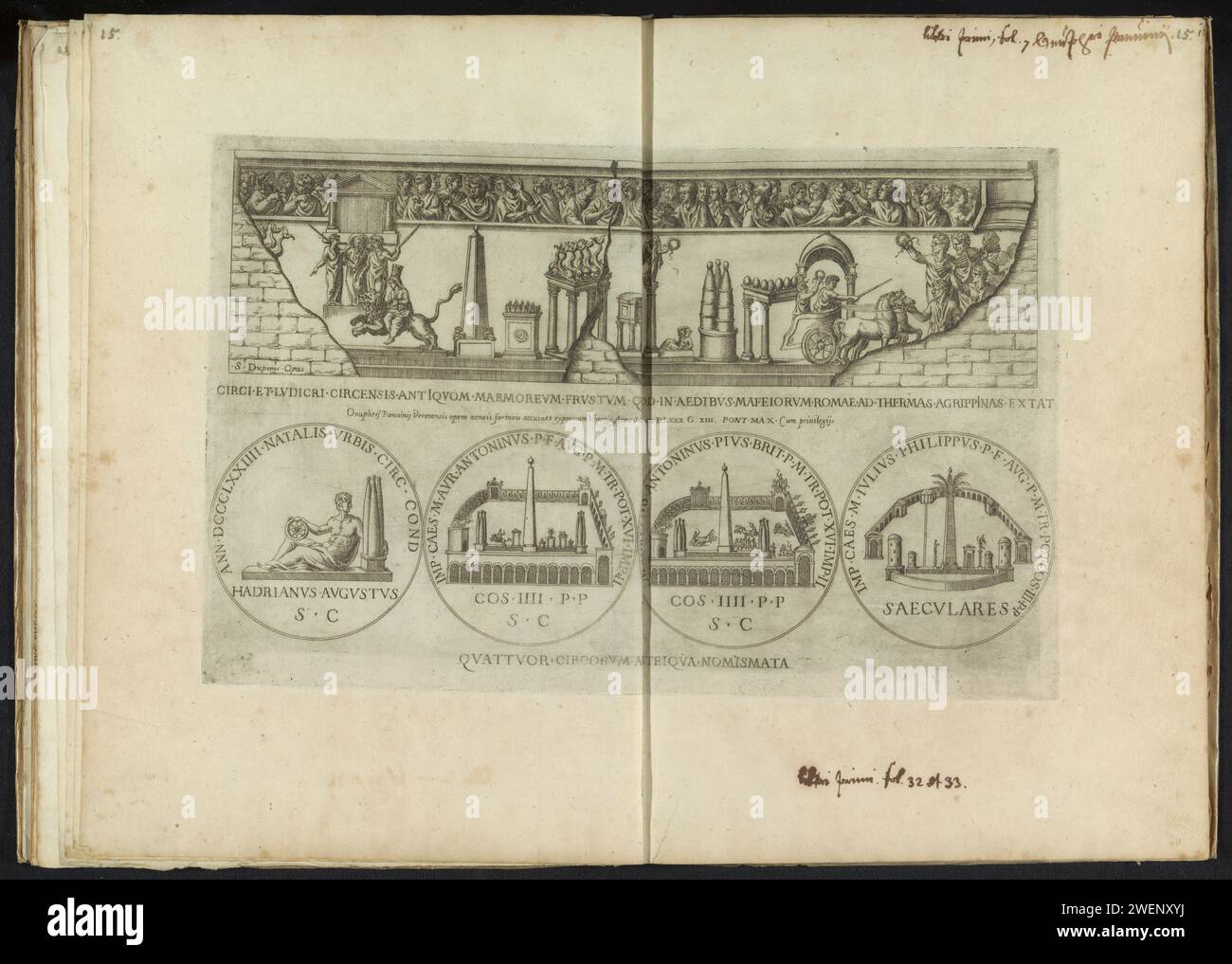 Stadium and four tokens, Onofrio Panvinio, 1580 print View of a stadium ...