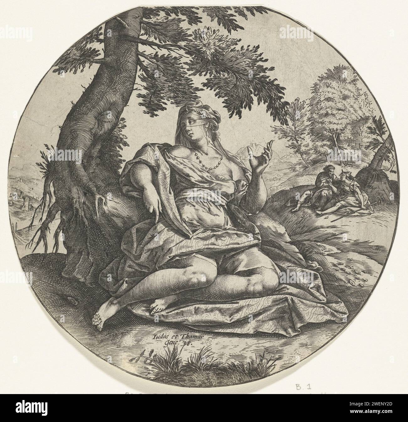 Juda en Tamar, before 1596 print Round show of Judah and Tamar. Tamar ...