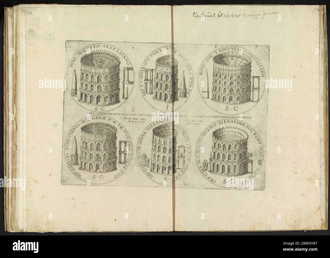 Zes Penningen Met Amfitheaters, Onofrio Panvinio, 1580 print Two rows ...