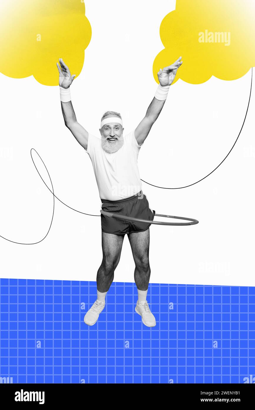 Composite collage image of funny grandpa rotate hulahoop sportive ...