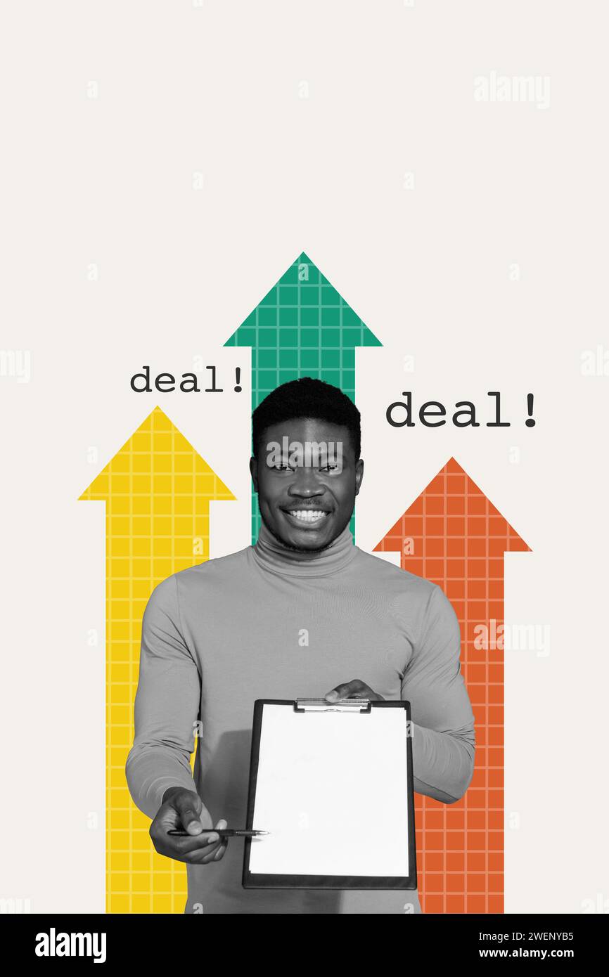 Vertical creative collage image of cheerful man hold documents sign ...