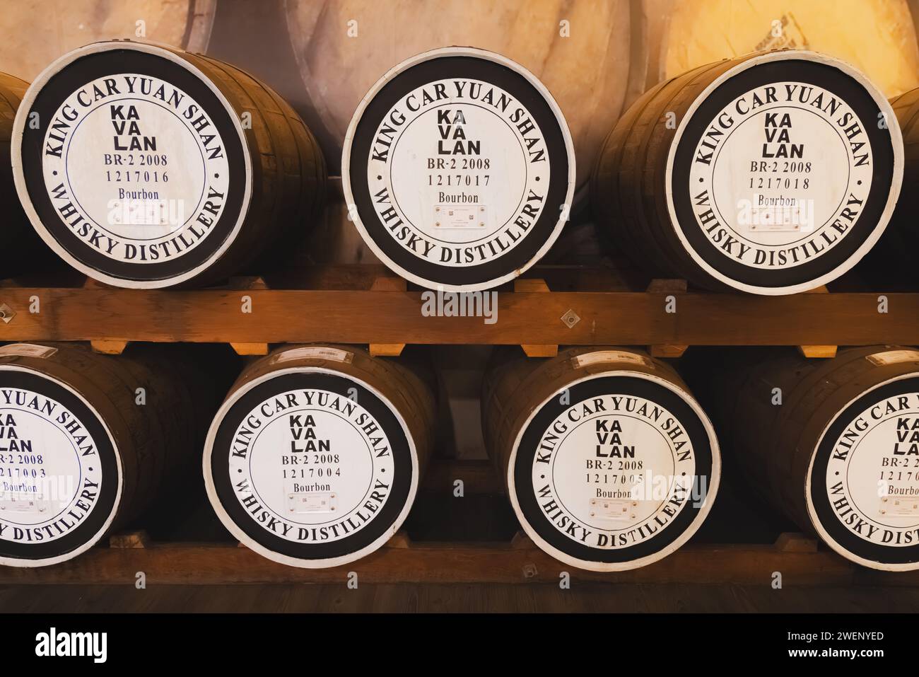 Yuanshan, Republic of China - October 2, 2023: Oak casks or barrels ...