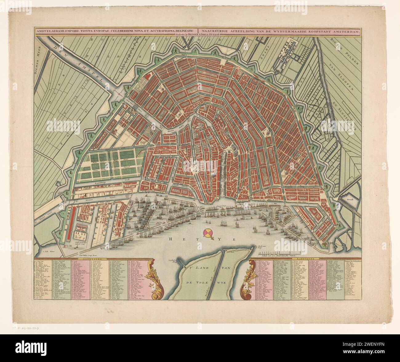 Map of Amsterdam, Anonymous, 1726 - 1750 print Map in a nutshell perspective. Along the top the ...