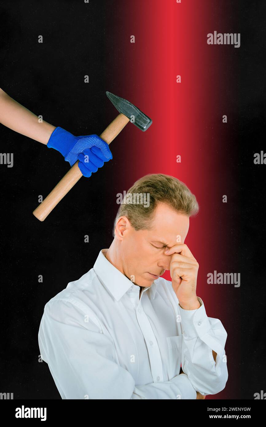 Photo image collage of sad unhappy moody guy solving problems suffering ...