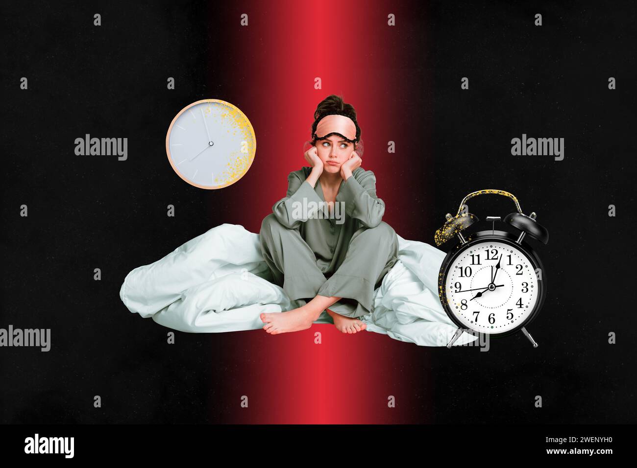 Creative poster collage of sad irritated female insomnia cant sleep ...