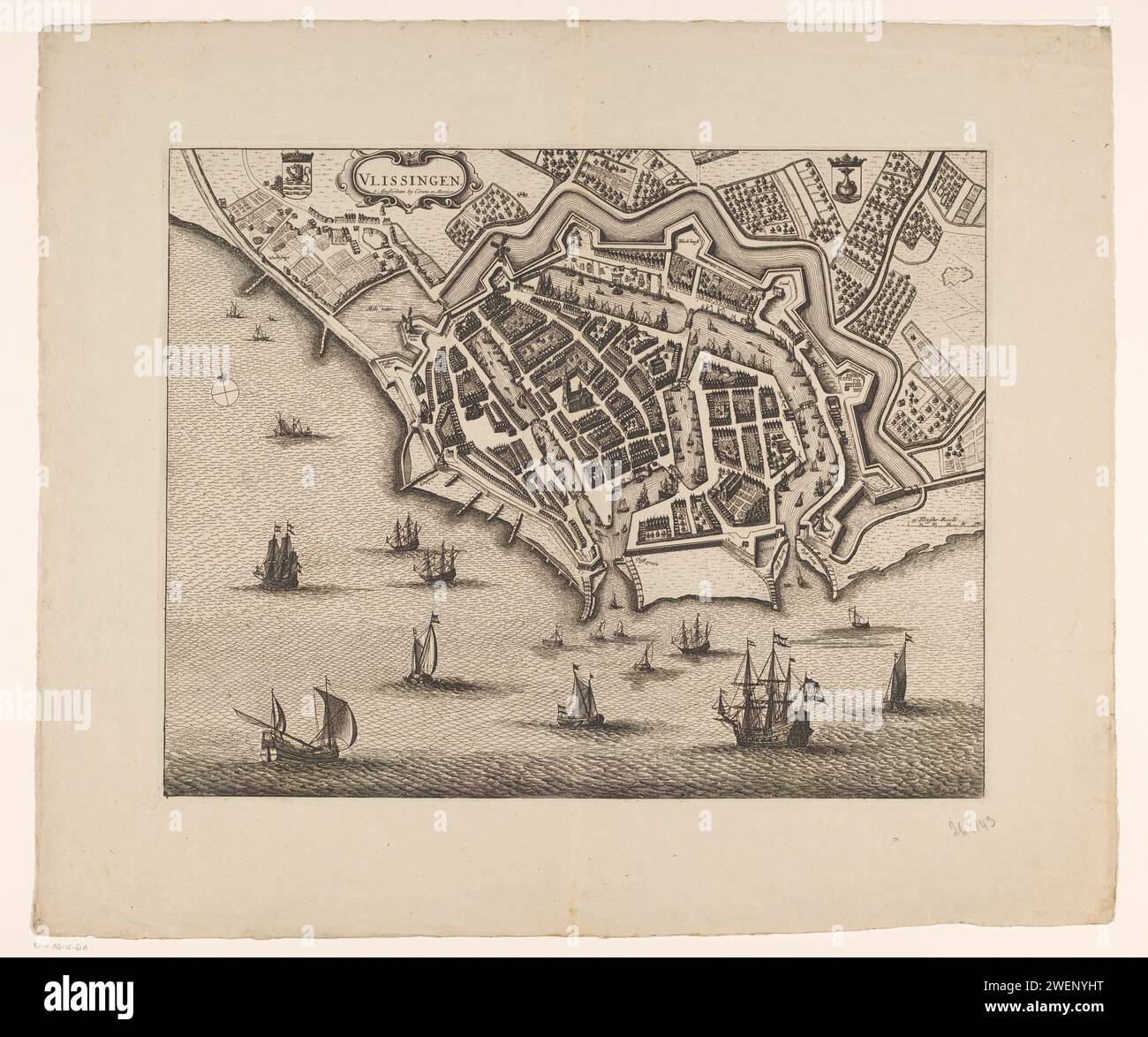Map of Vlissingen, Anonymous, 1721 - 1774 print Map in a nutshell perspective. At the top left ...