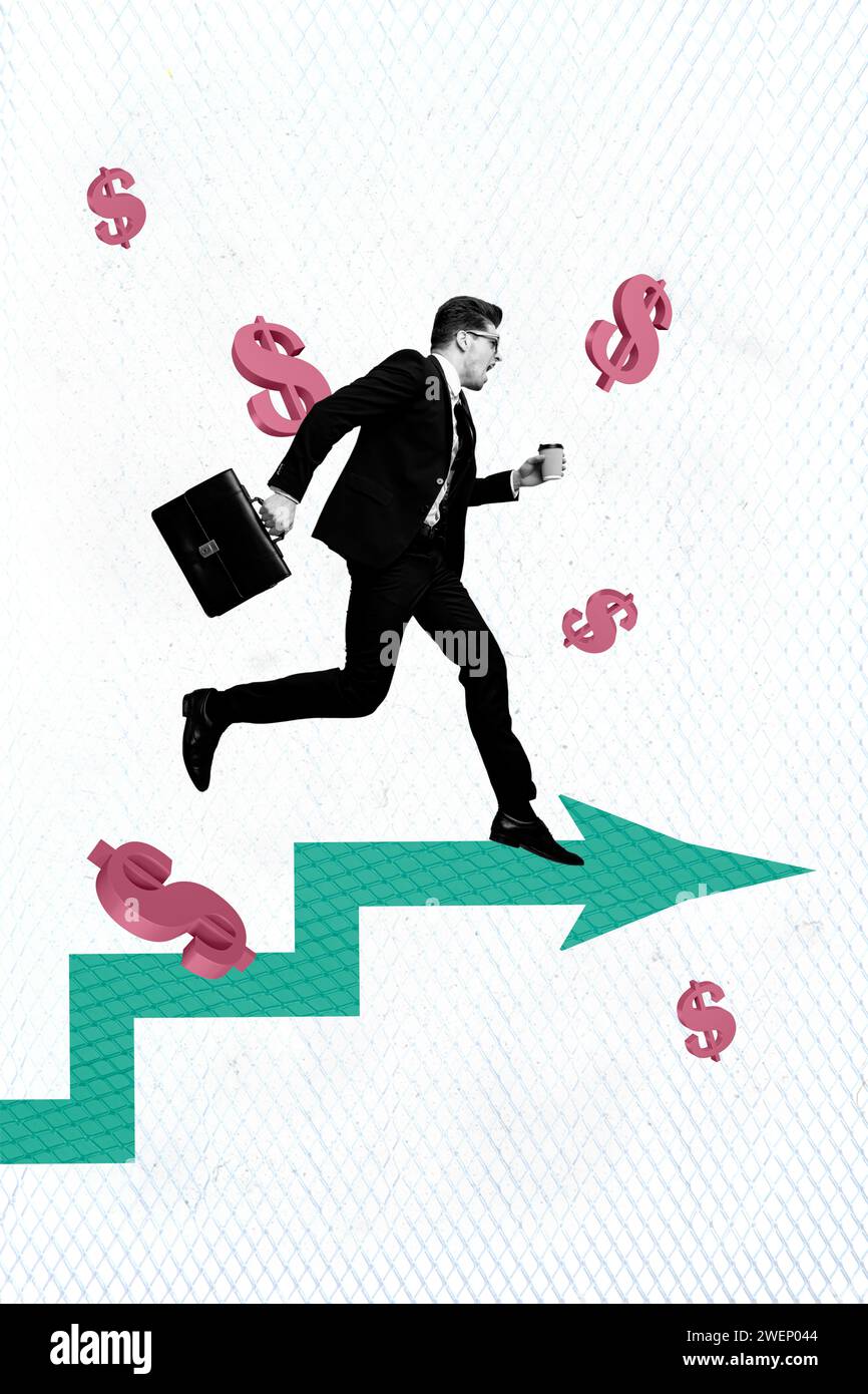 Vertical magazine photo collage picture of hurrying businessman running ...