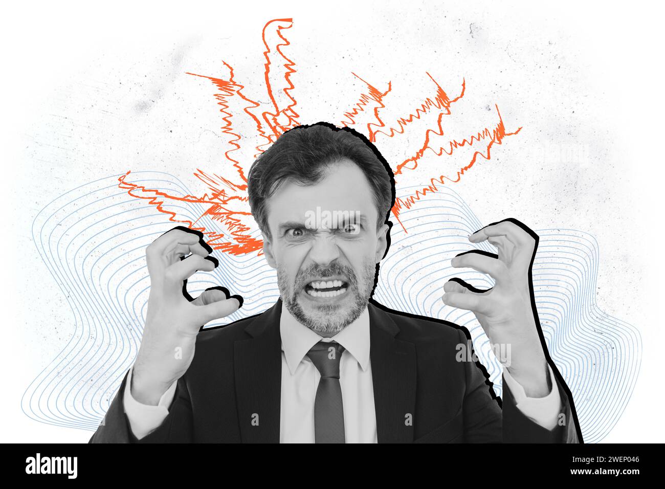 Horizontal weird freaky photo collage portrait of mad furious ...