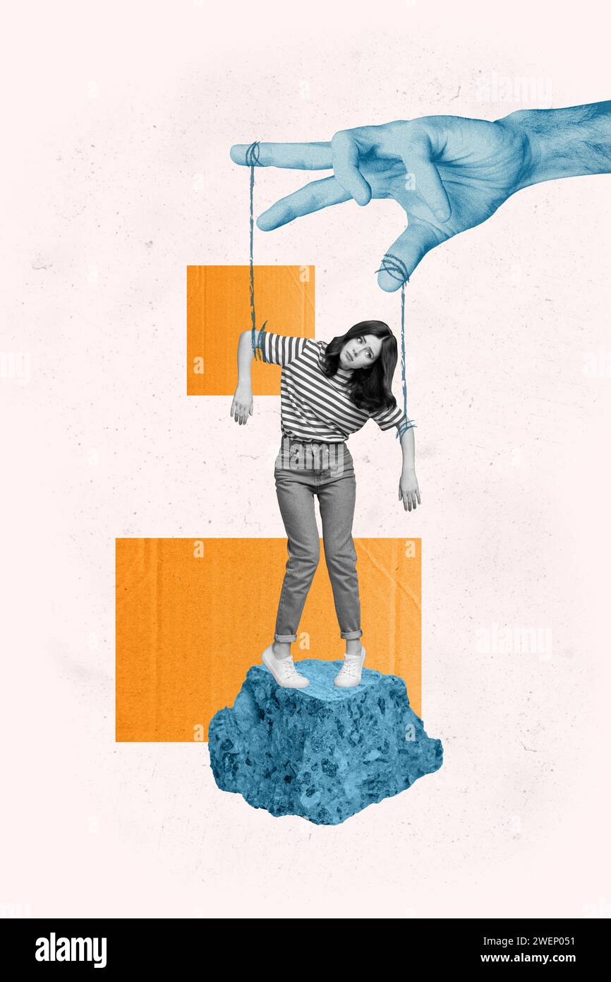 Vertical surreal unusual photo collage with hand of puppeteer control ...