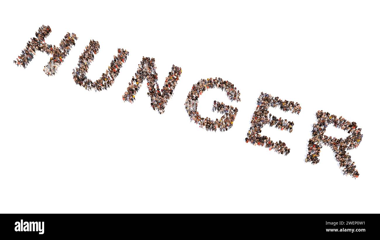 Conceptual large community of people forming the word HUNGER. 3d ...