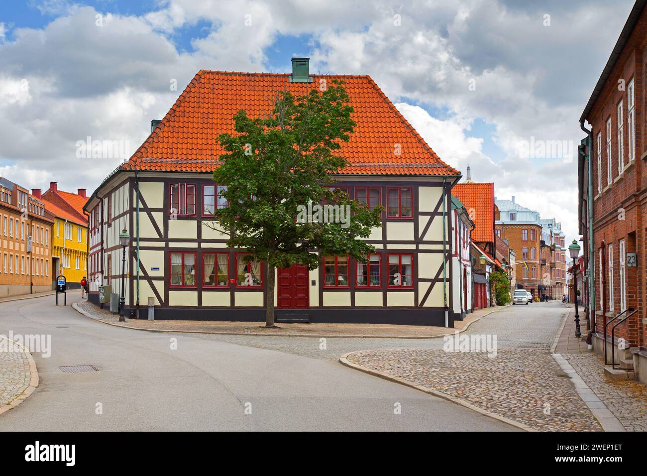 Historical and colourful half-timbered house in the town Ystad in ...