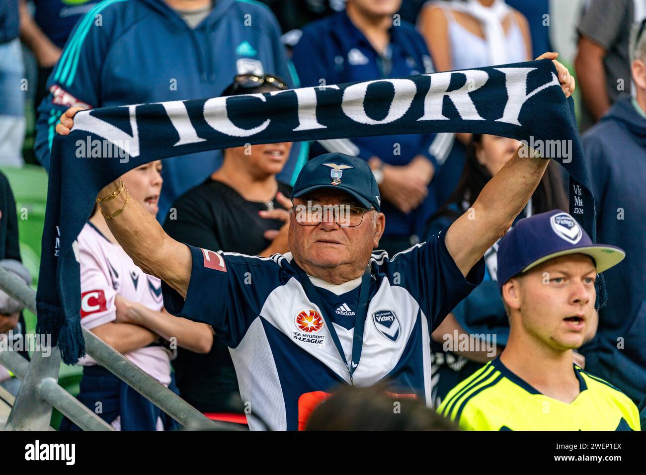 Melbourne, Australia. 26 January, 2024. Melbourne Victory FC fan holds ...