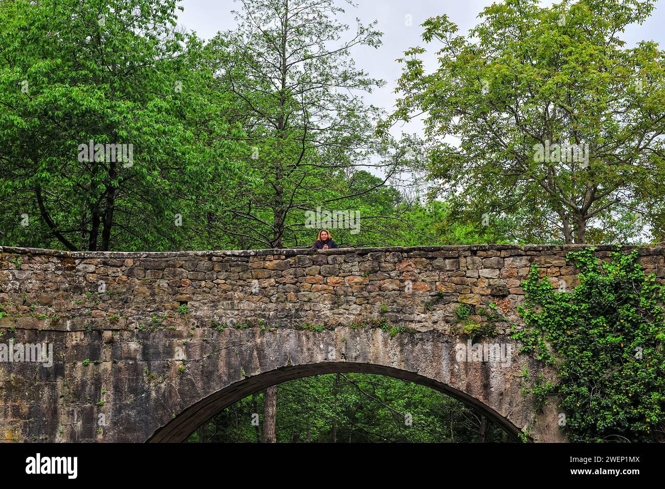 A charming old stone bridge arches over a clear stream surrounded by ...