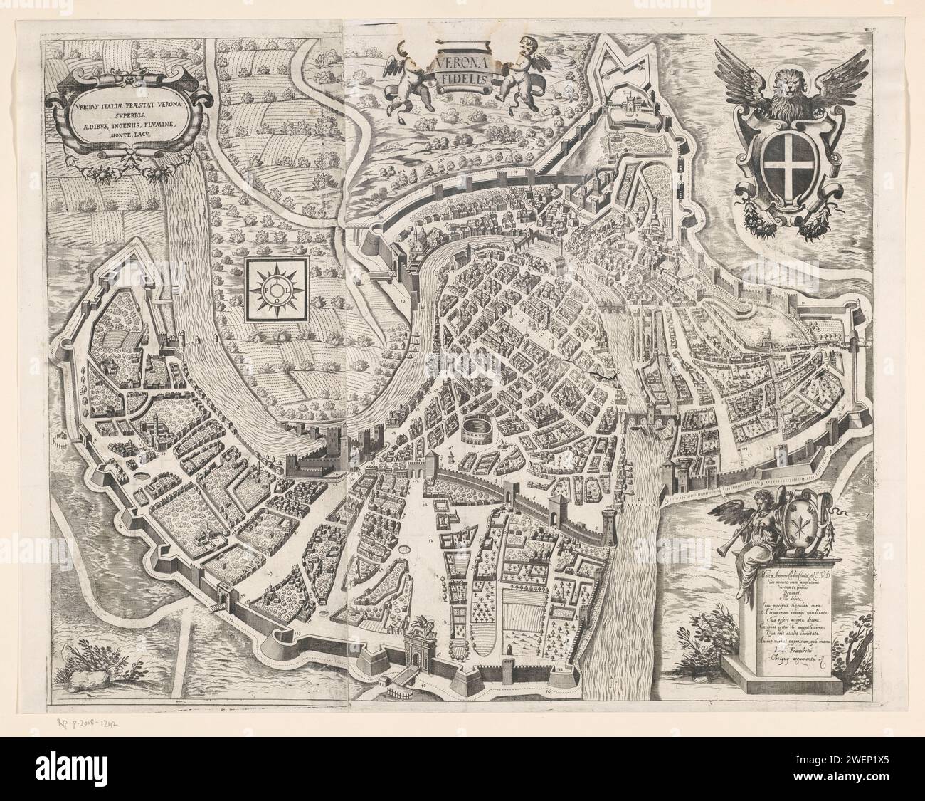 Map of Verona, Anonymous, 1648 print At the top right the Wapen van ...