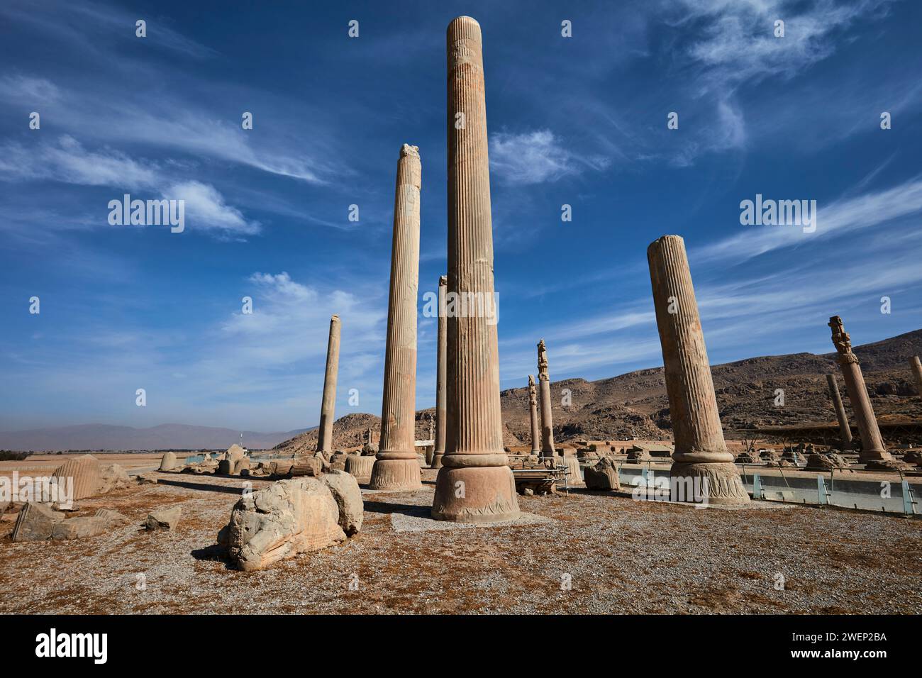 Remaining columns of the ruined Apadana Palace in Persepolis ...