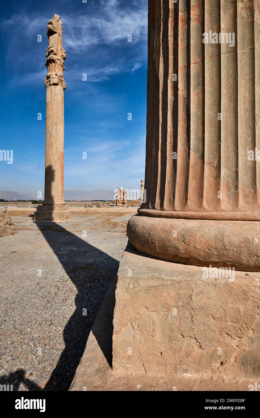 Remaining columns of the ruined Apadana Palace in Persepolis ...