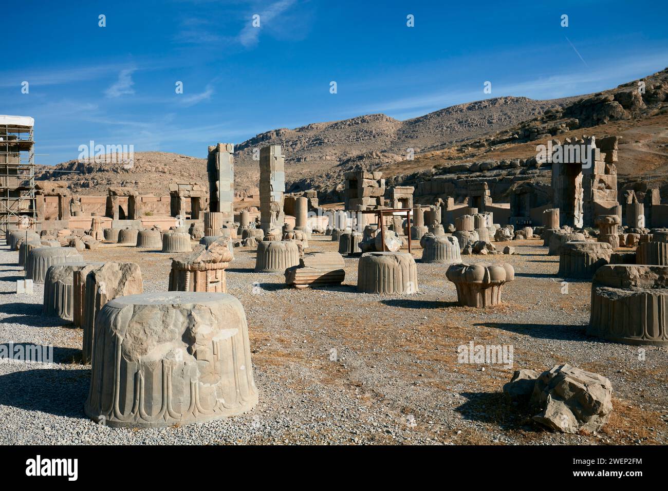 Pieces of fallen ancient columns in Persepolis, ceremonial capital of ...