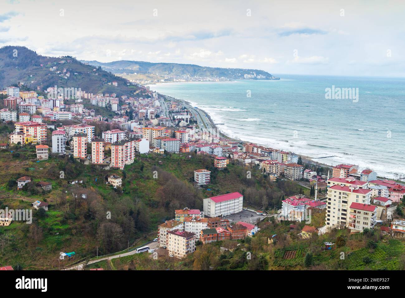 Landscape photo with Surmene town. Trabzon, Turkey. Residential houses ...