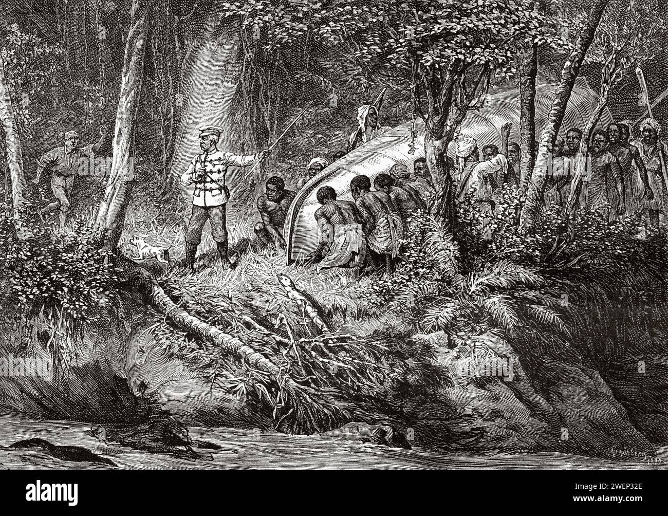African porters carrying Stanley boat. Africa. Emin Pasha Relief ...