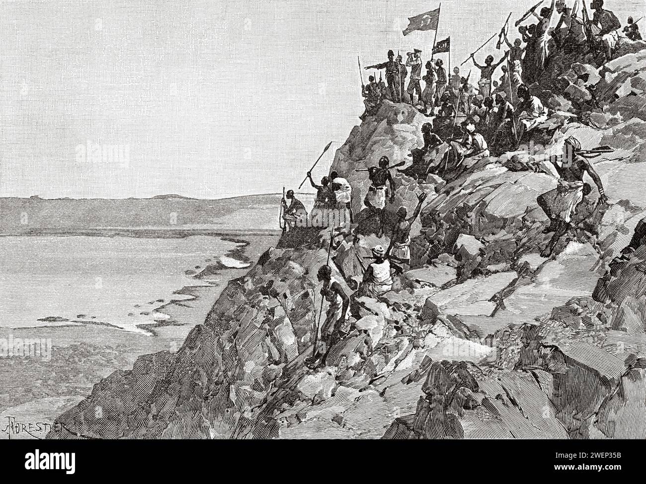 Stanley expedition reaching the south end of the Lake Albert Nyanza ...