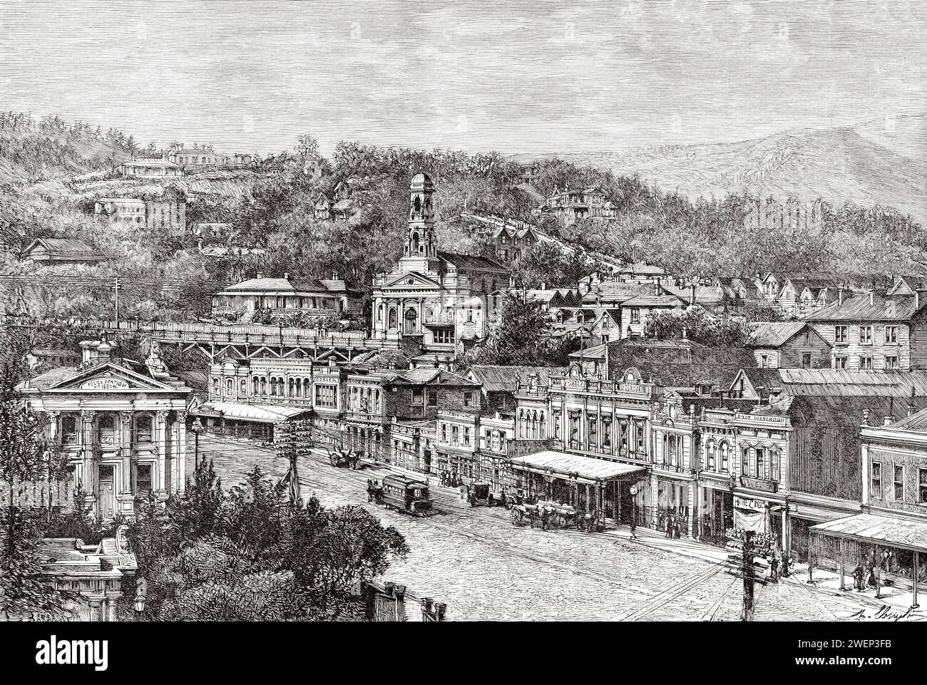 An old street in Wellington, New Zealand. Trip to New Zealand 1889 by ...