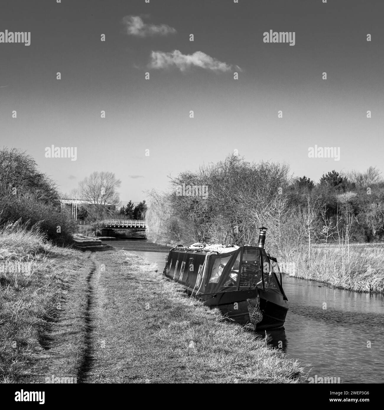 Black & White of moored narrow boat on the Trent and Mersey canal in ...
