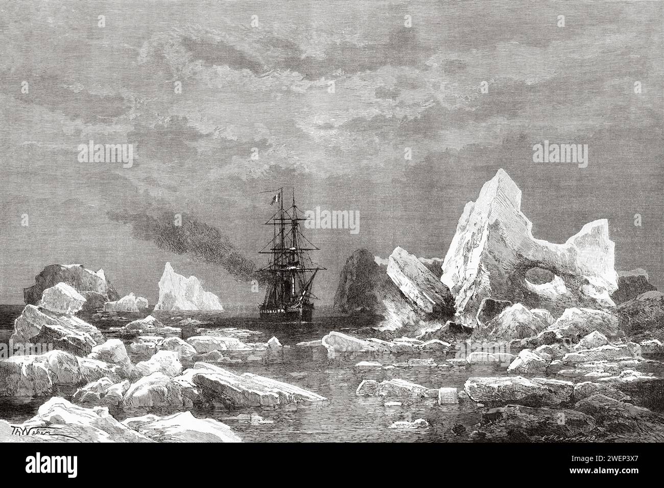 French frigate La Clorinde sailing on ice in his expedition to ...