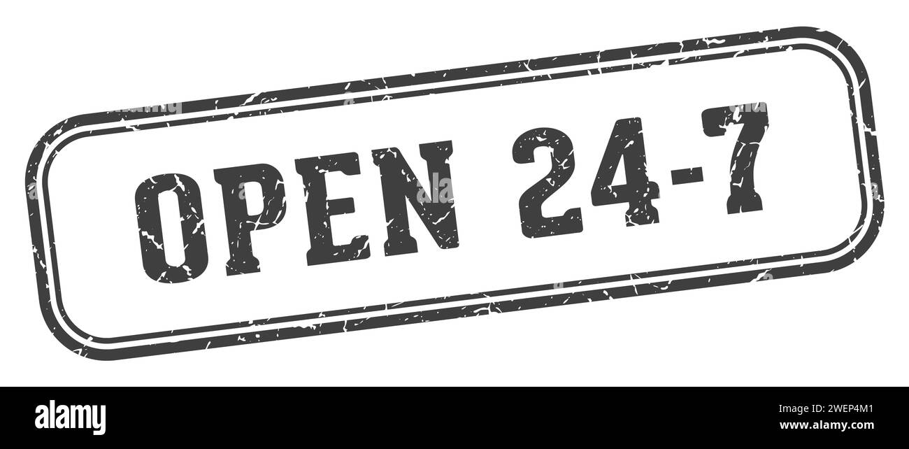 open 24 7 stamp. open 24 7 rectangular stamp isolated on white ...