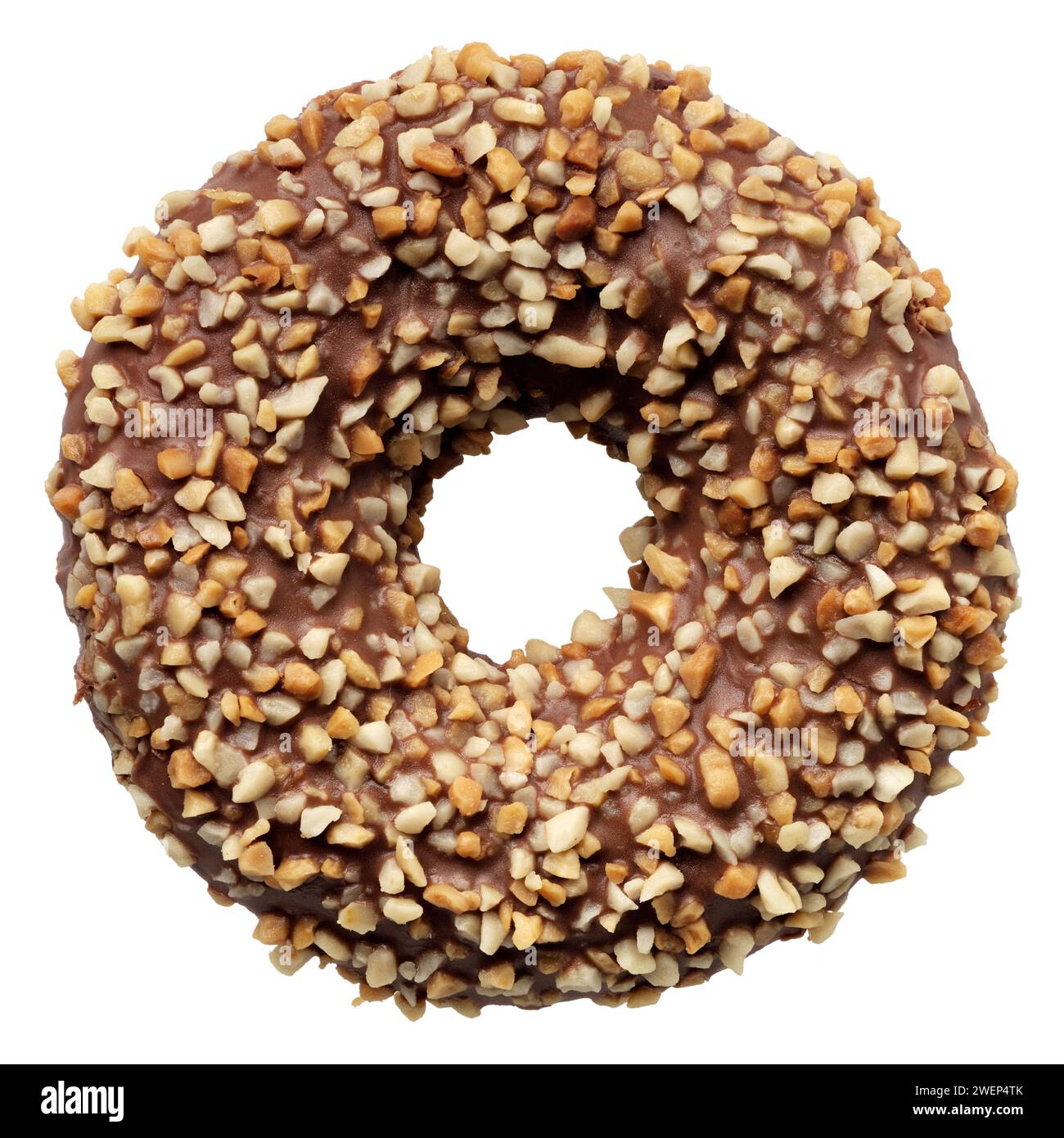Single chocolate and crushed nuts donut, isolated on white background ...