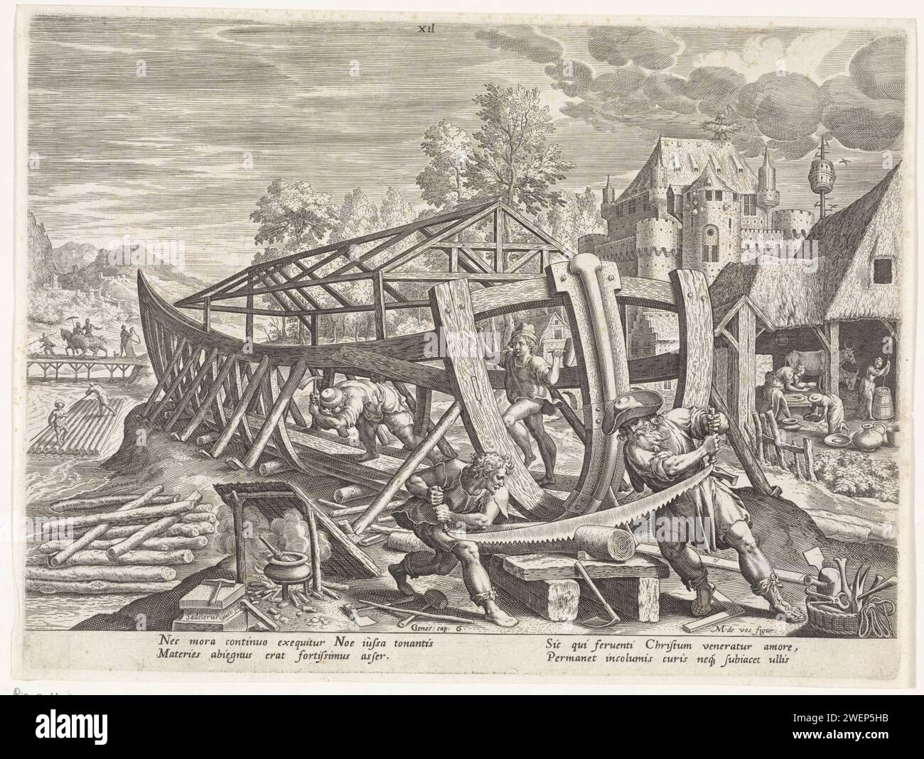 Construction of the Ark of Noah, Johann Sadeler (I), After Maerten de ...