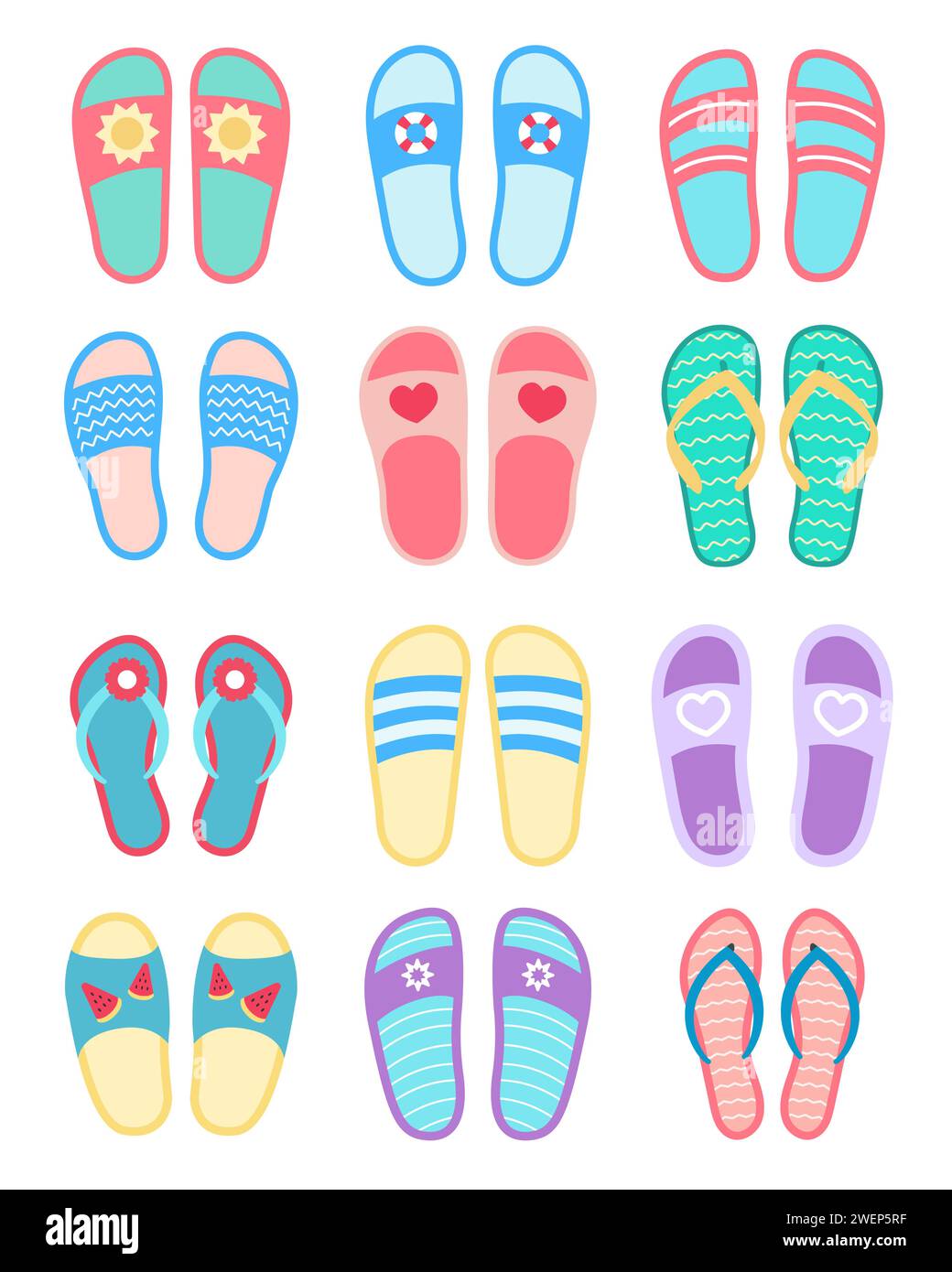 Flat design of summer flip-flops. A set of summer slippers. Vector ...