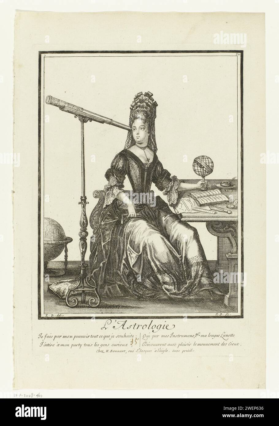Astrology, 1647 - 1718 print Woman with Fontange, sitting behind a ...