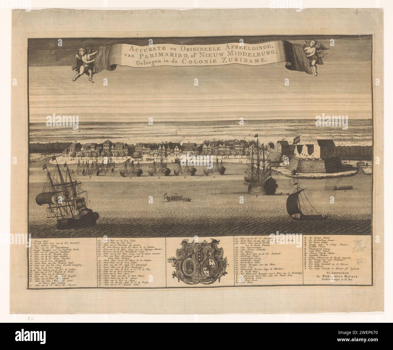 View of Paramaribo, Anonymous, 1718 - 1791 print Text in four columns ...