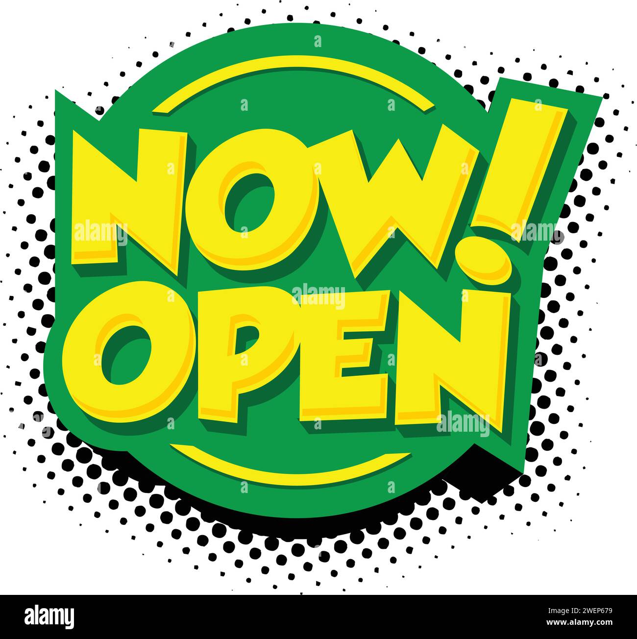 Now open door sign or web banner in comic style. Vector on transparent ...