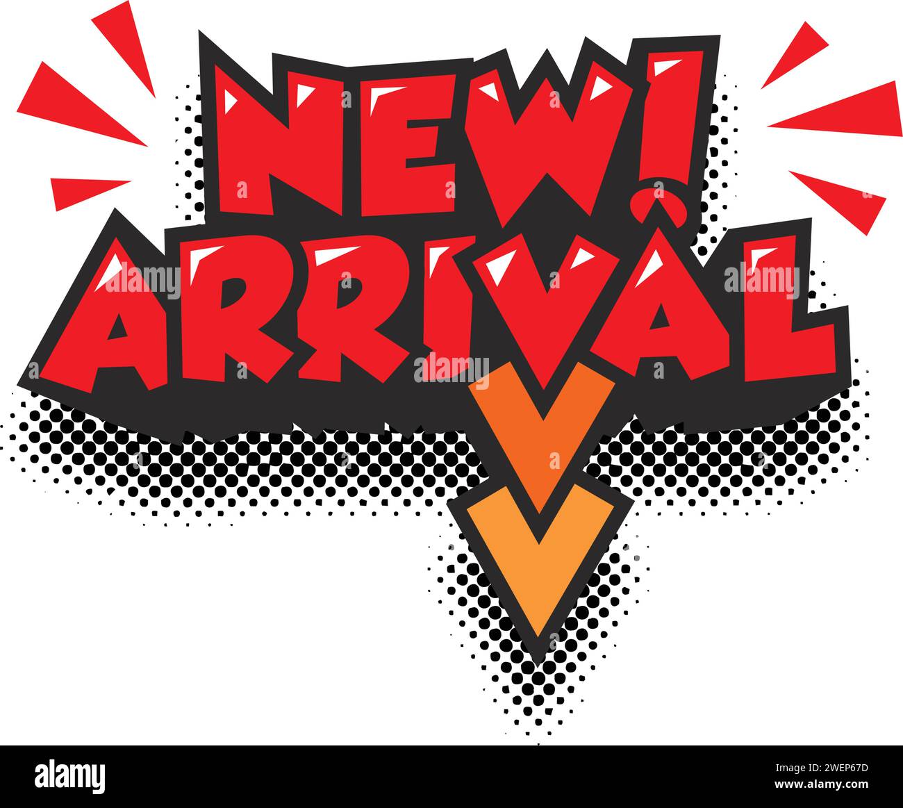 New arrival product tag with arrow in comic style. Advertising vector ...