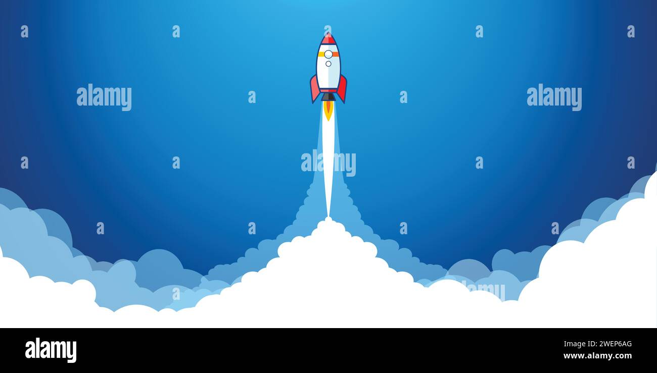 Rocket launch in blue sky. Startup vector background. Concept of business product on market ...